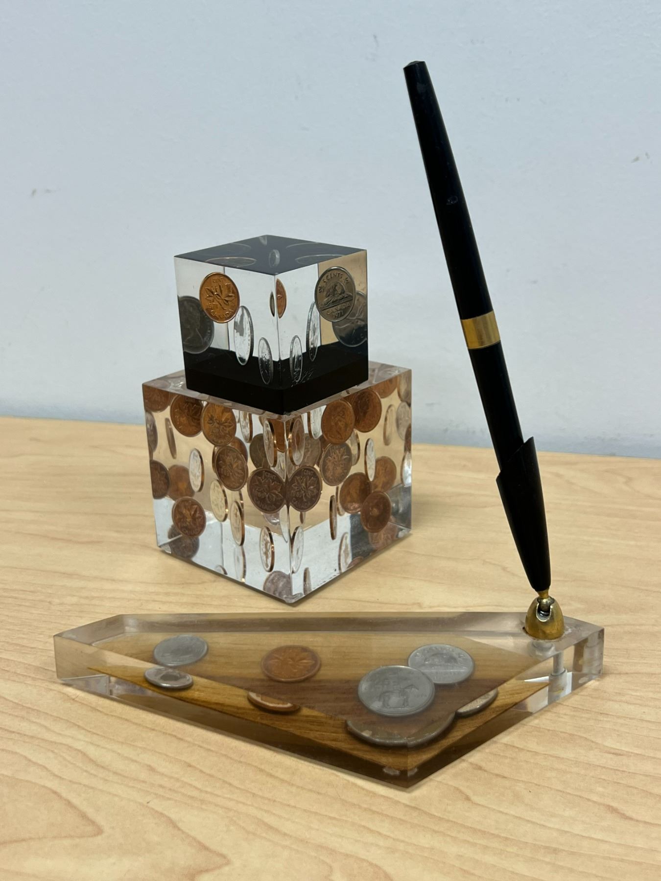 1969, 71 & 73 Acrylic Lucite Canadian Coin Paperweights & Pen Holder ...