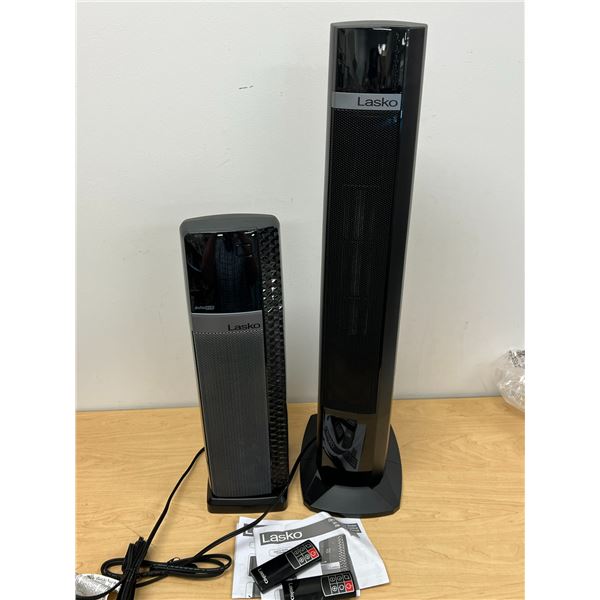 2 Lasko Ceramic Tower Heaters 32 & 21.5" tall w/ remotes & Booklets ...