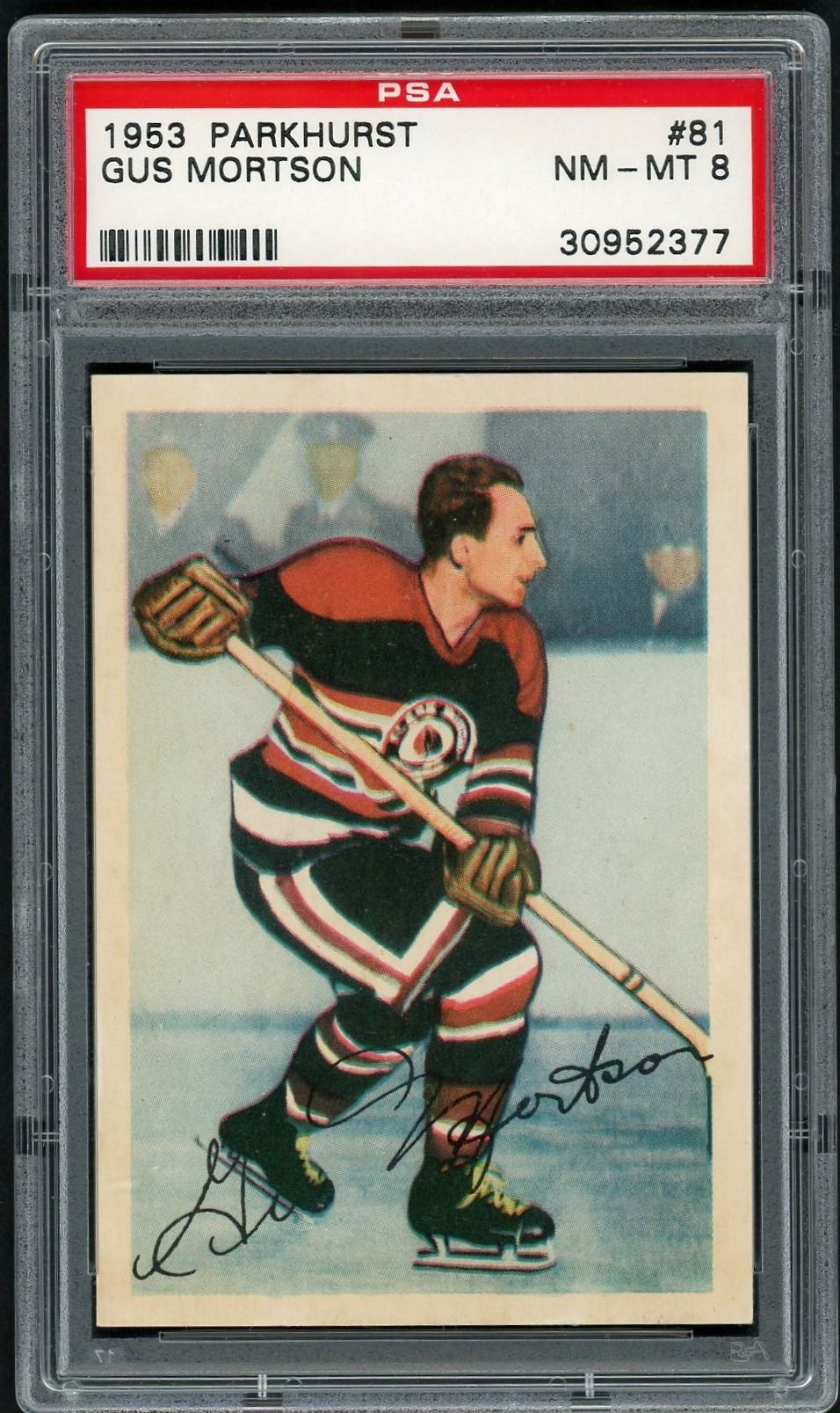 1953-54 Parkhurst #81 Gus Mortson (PSA 8)