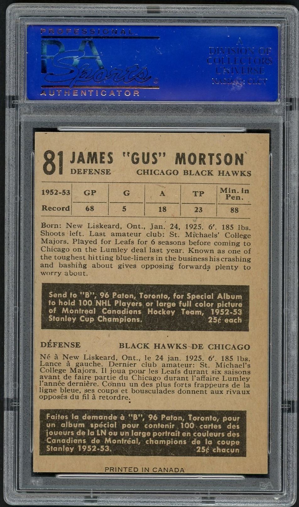 1953-54 Parkhurst #81 Gus Mortson (PSA 8)