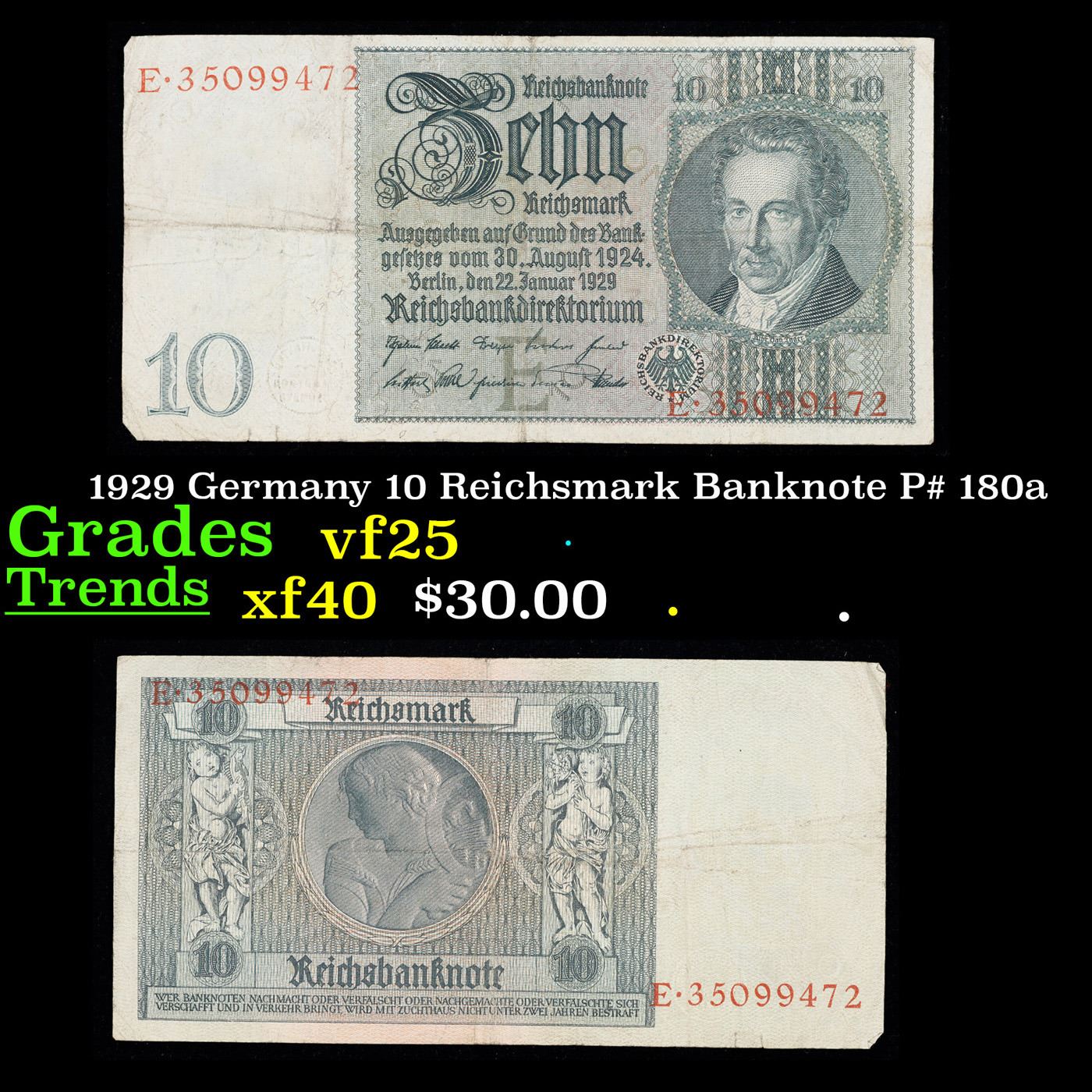 1929 Germany 10 Reichsmark Banknote P# 180a Grades vf+