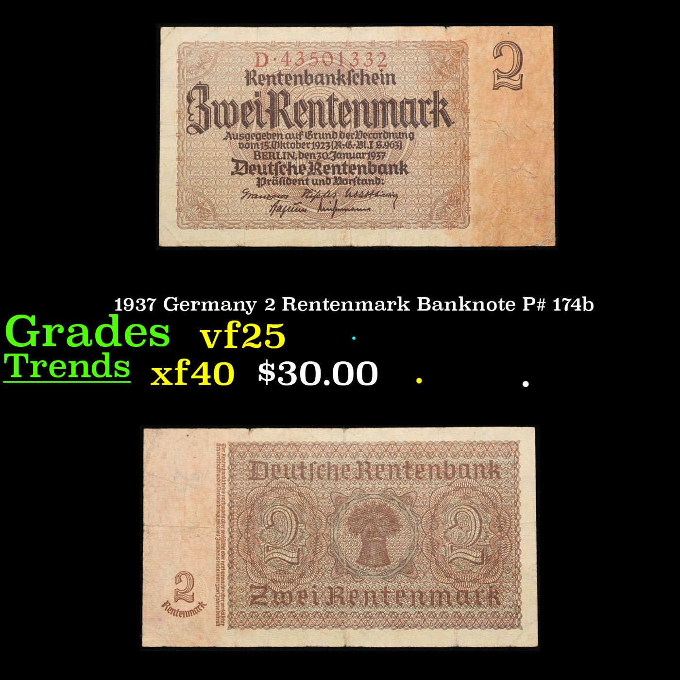 1937 Germany 2 Rentenmark Banknote P# 174b Grades vf+