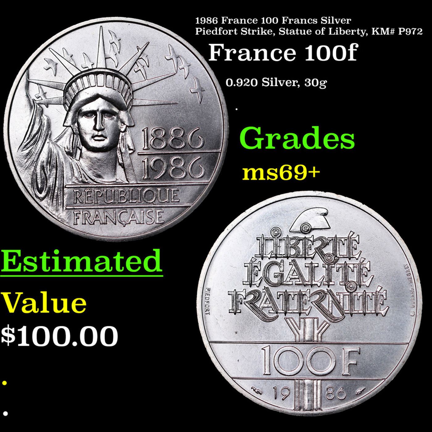 1986 France 100 Francs Silver Piedfort Strike, Statue of Liberty, KM ...