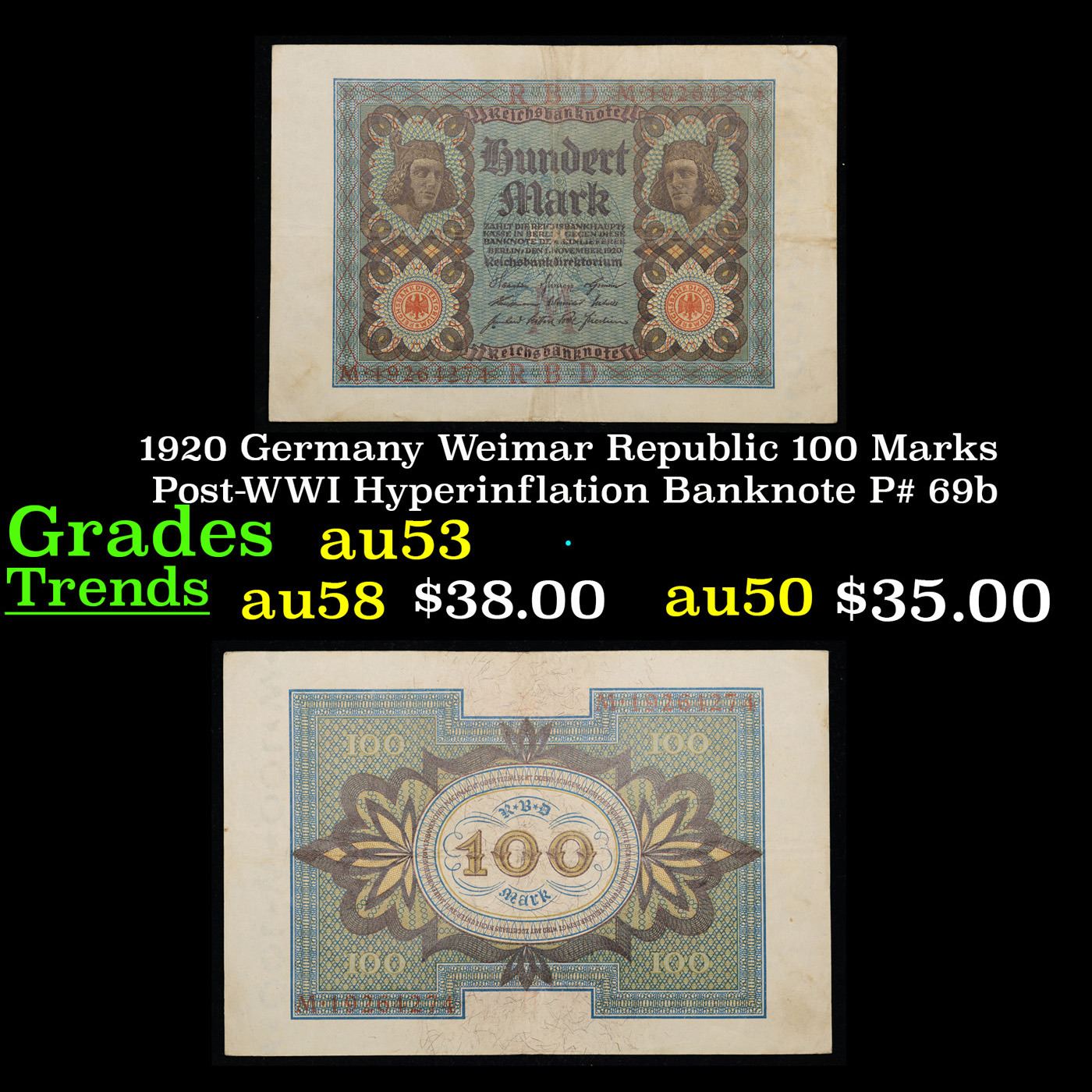 1920 Germany Weimar Republic 100 Marks Post-WWI Hyperinflation Banknote ...