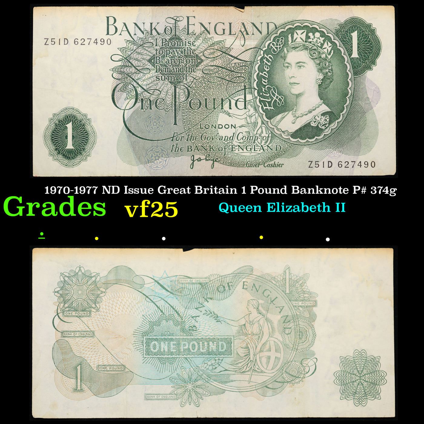 1970-1977 ND Issue Great Britain 1 Pound Banknote P# 374g Grades vf+
