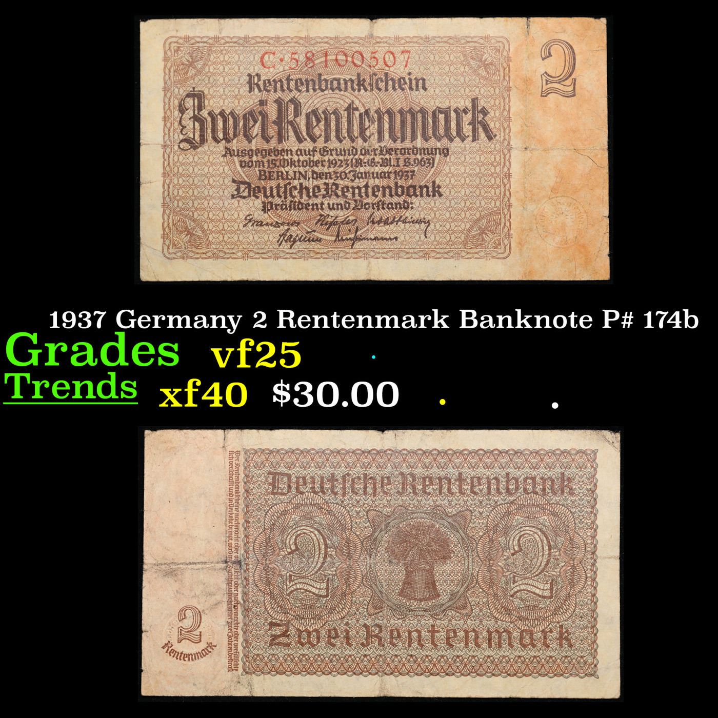 1937 Germany 2 Rentenmark Banknote P# 174b Grades vf+