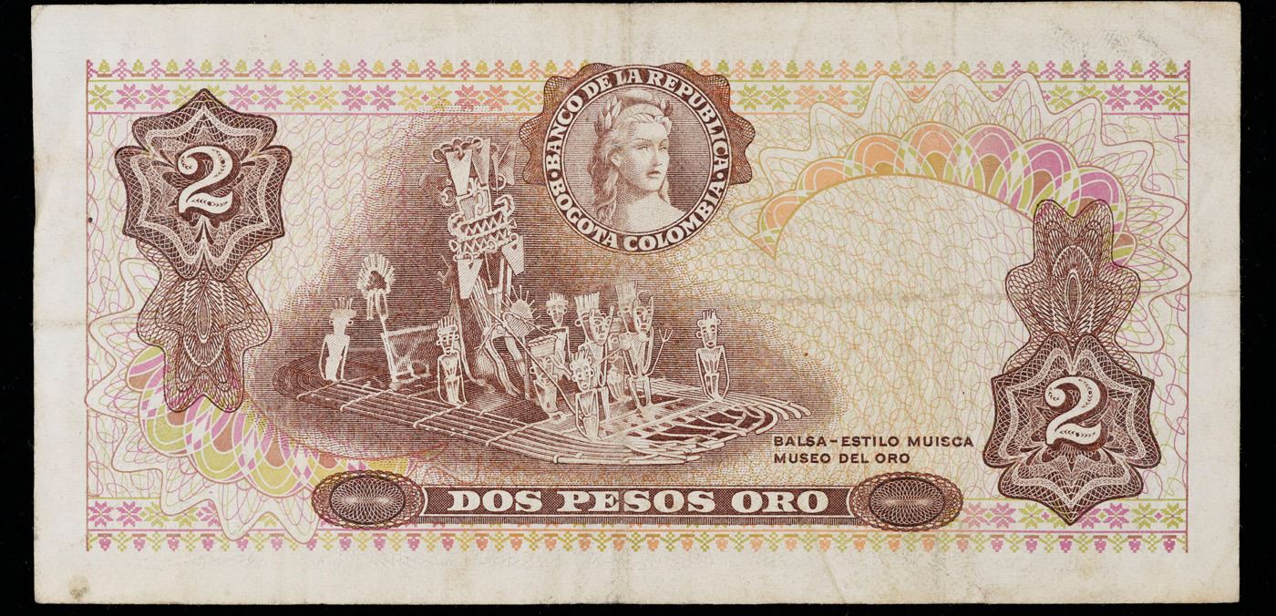 1976 Colombia 2 Pesos Oro Banknote P# 413 Grades vf+