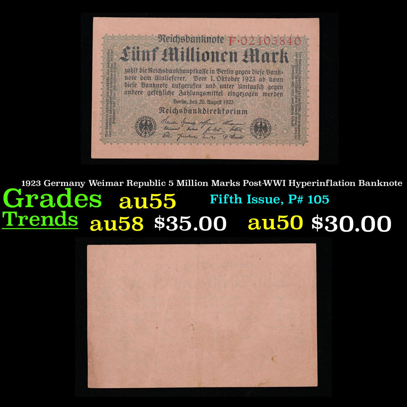 1923 Germany Weimar Republic 5 Million Marks Post-WWI Hyperinflation ...