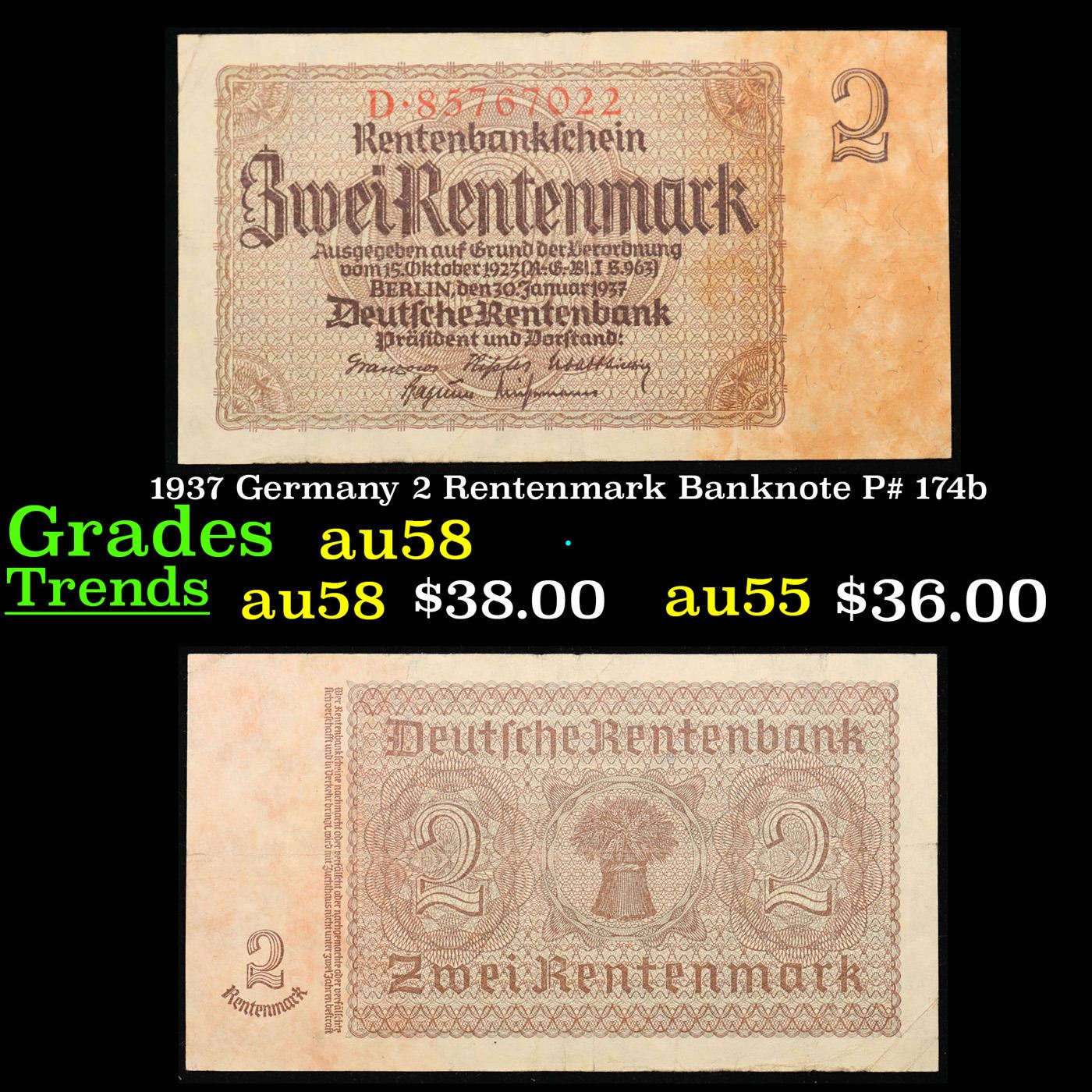1937 Germany 2 Rentenmark Banknote P# 174b Grades Choice AU/BU Slider