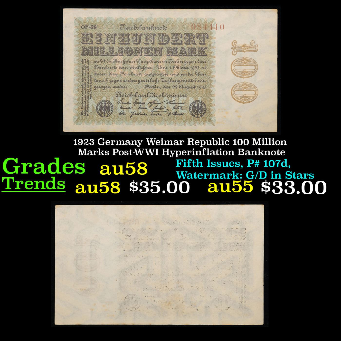 1923 Germany Weimar Republic 100 Million Marks Post-WWI Hyperinflation ...