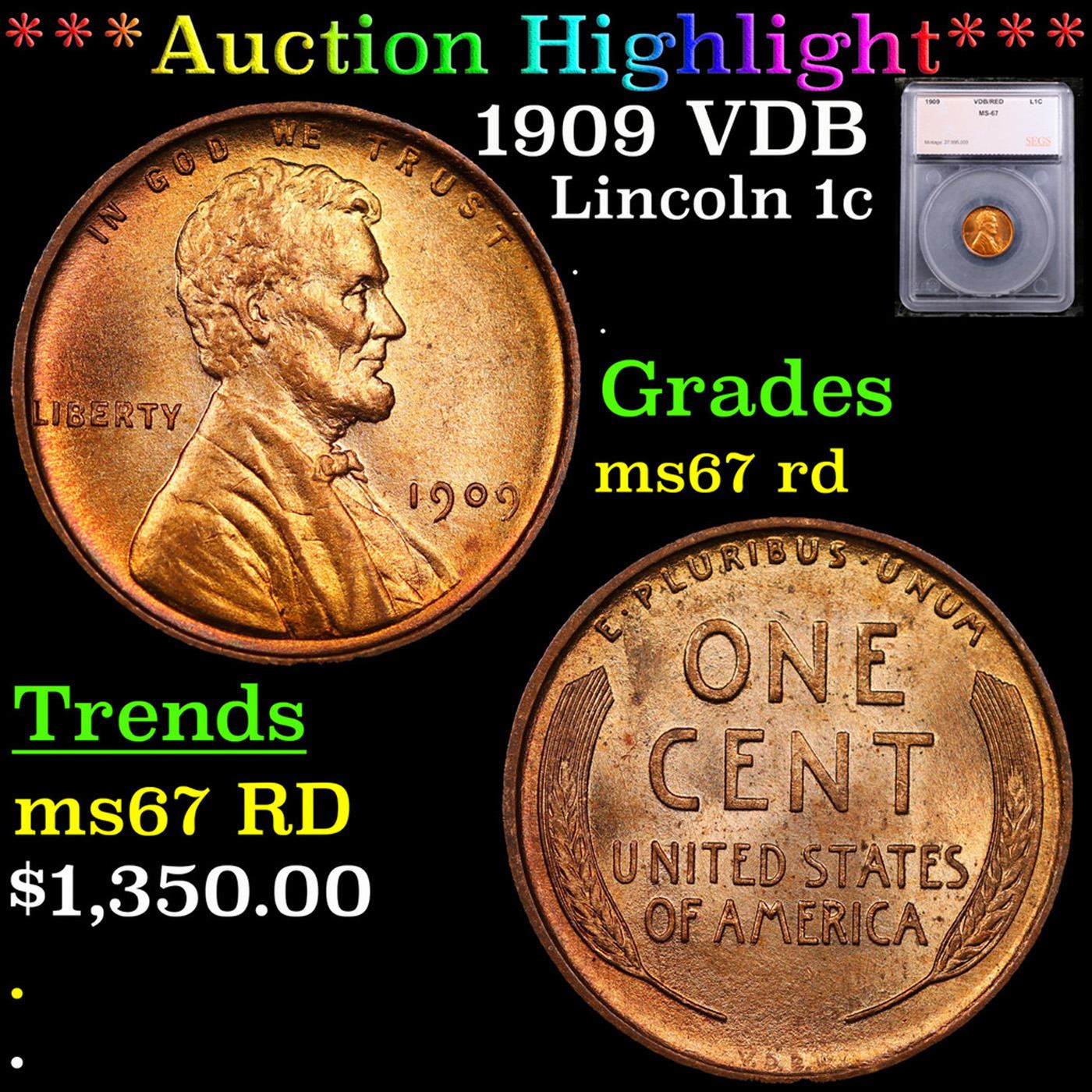 ***Auction Highlight*** 1909 VDB Lincoln Cent 1c Graded ms67 rd By SEGS ...