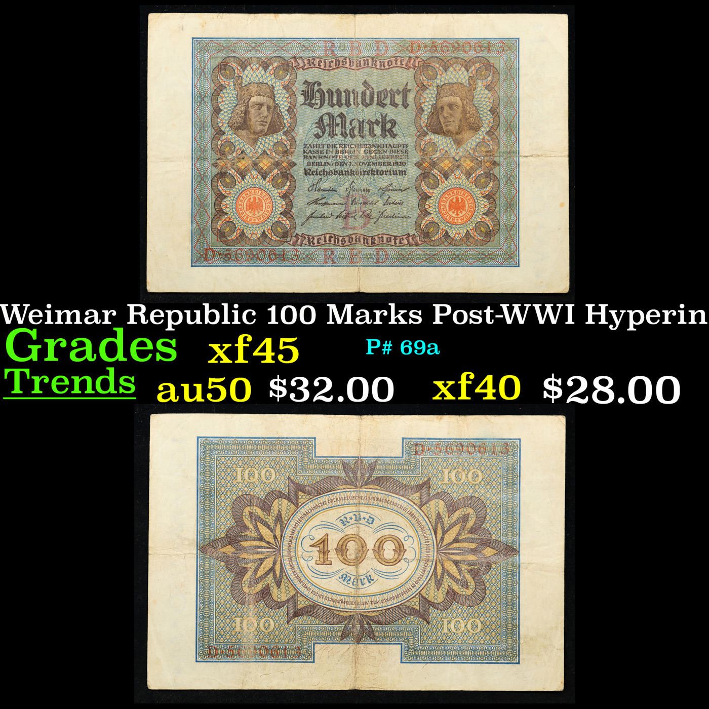 1920 Germany Weimar Republic 100 Marks Post-WWI Hyperinflation Banknote ...
