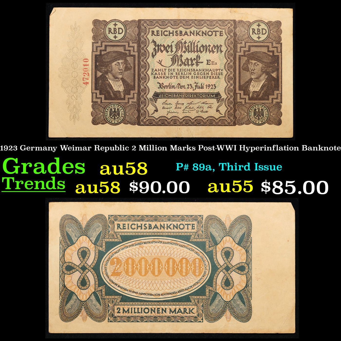1923 Germany Weimar Republic 2 Million Marks Post-WWI Hyperinflation ...
