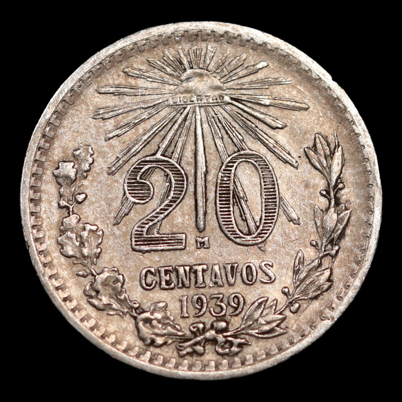 1939 Silver Mexico ESTADOS UNIDOS MEXICANOS 20 Centavos KM-438 Grades ...