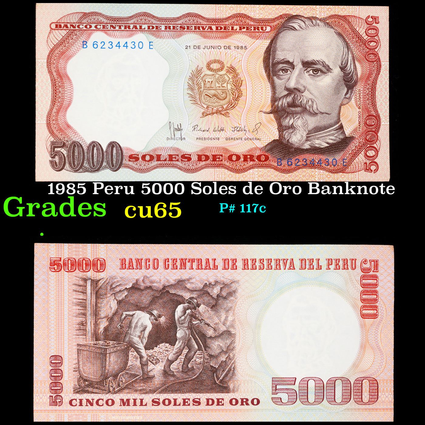 1985 Peru 5000 Soles de Oro Banknote Grades Gem CU
