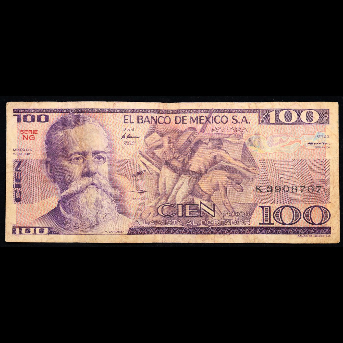 1981 Mexico 100 Pesos Banknote Grades vf+