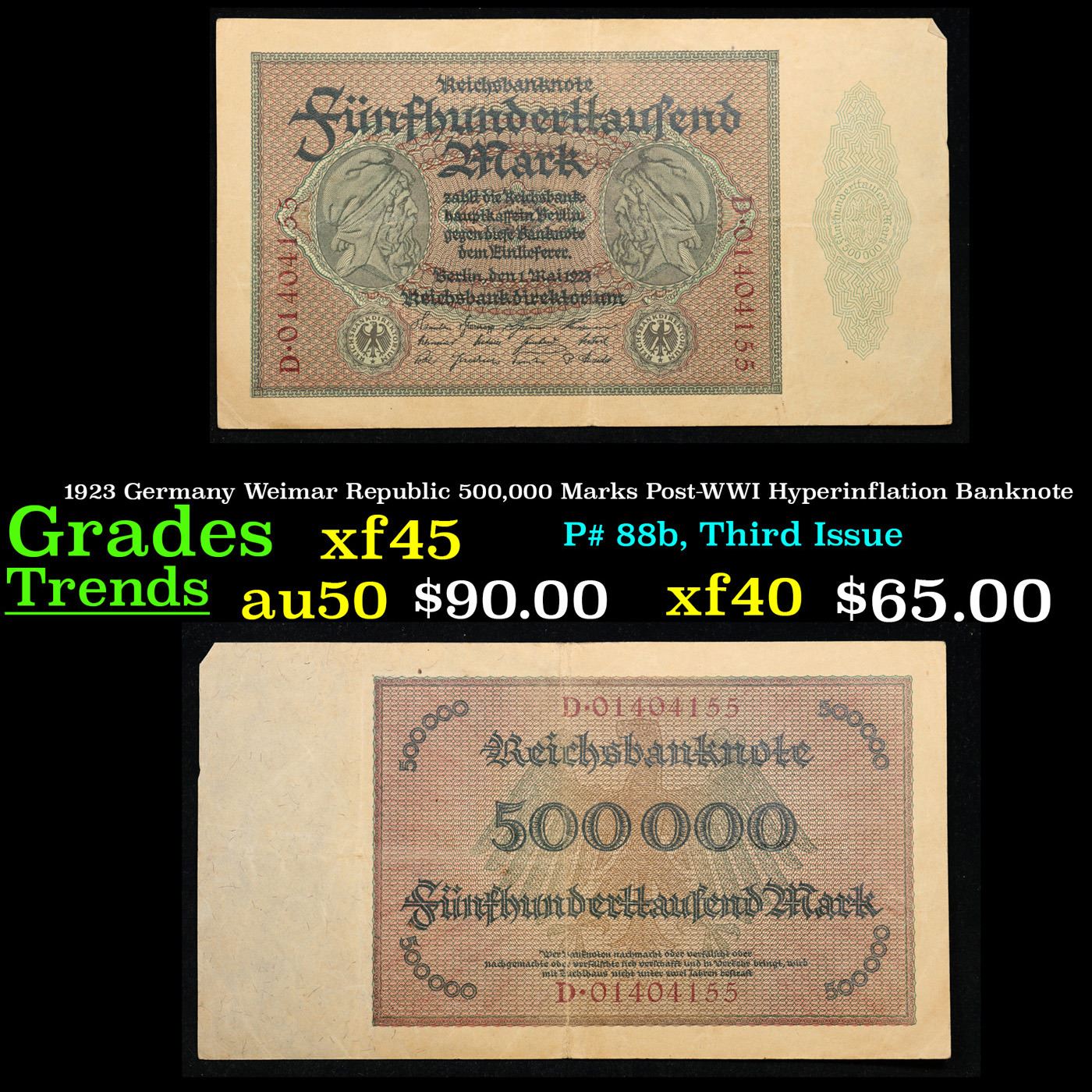 1923 Germany Weimar Republic 500,000 Marks Post-WWI Hyperinflation ...