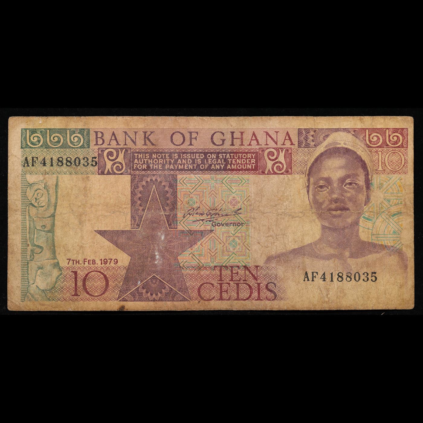 1979 Ghana 10 Cedis Banknote P# 20a Grades f, fine