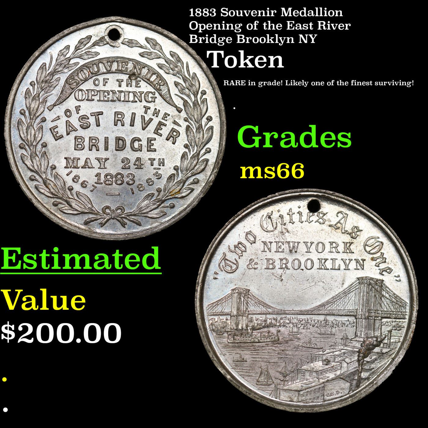 1883 Souvenir Medallion Opening of the East River Bridge Brooklyn NY ...