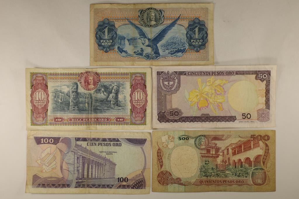 5 COLUMBIA BANK NOTES: 1964-1 PESO, 1970-TEN PESO