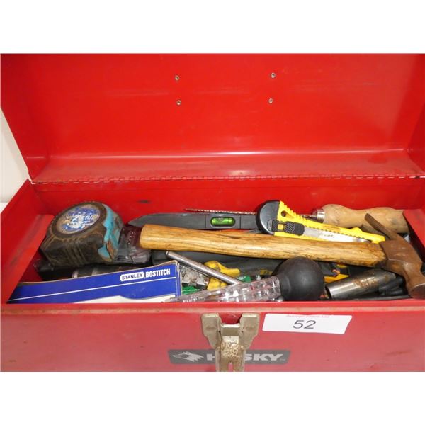 toolbox w/ tools: hammer, level, tape measure,