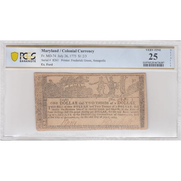 Provincial Convention of Maryland. July 26, 1775. One and Two Thirds of ...