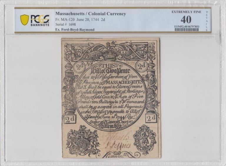 Province of ye Massachusetts Bay. June 20, 1744. Two Pence, New Tenor ...
