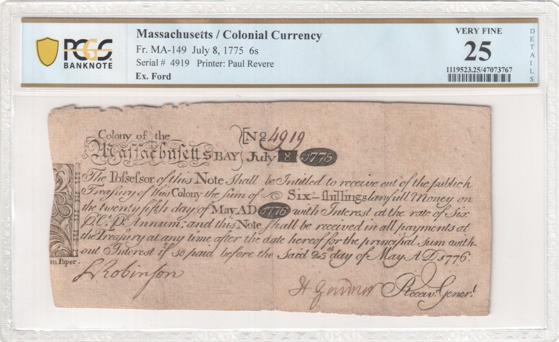 Colony of the Massachusetts Bay. July 8, 1775. Six Shillings. Fr. MA ...