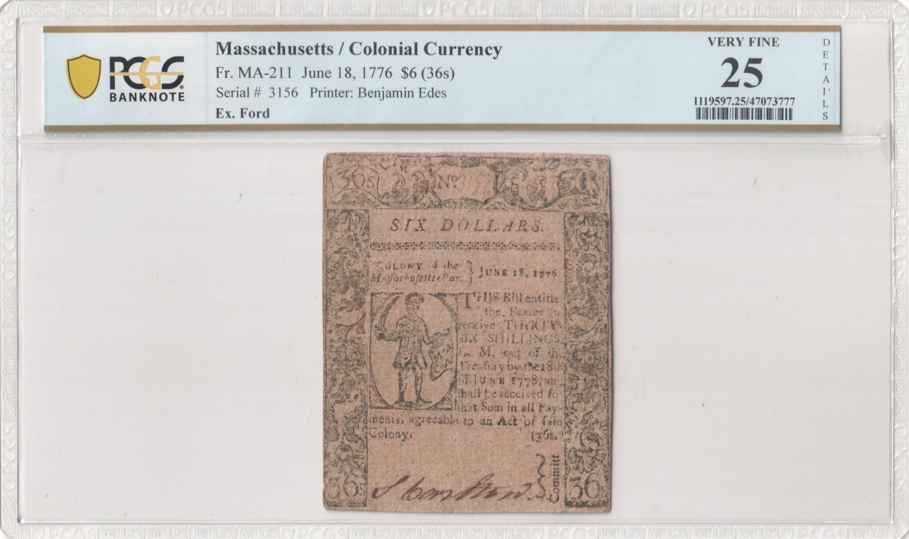 Colony of the Massachusetts Bay. June 18, 1776. Six Dollars or Thirty ...