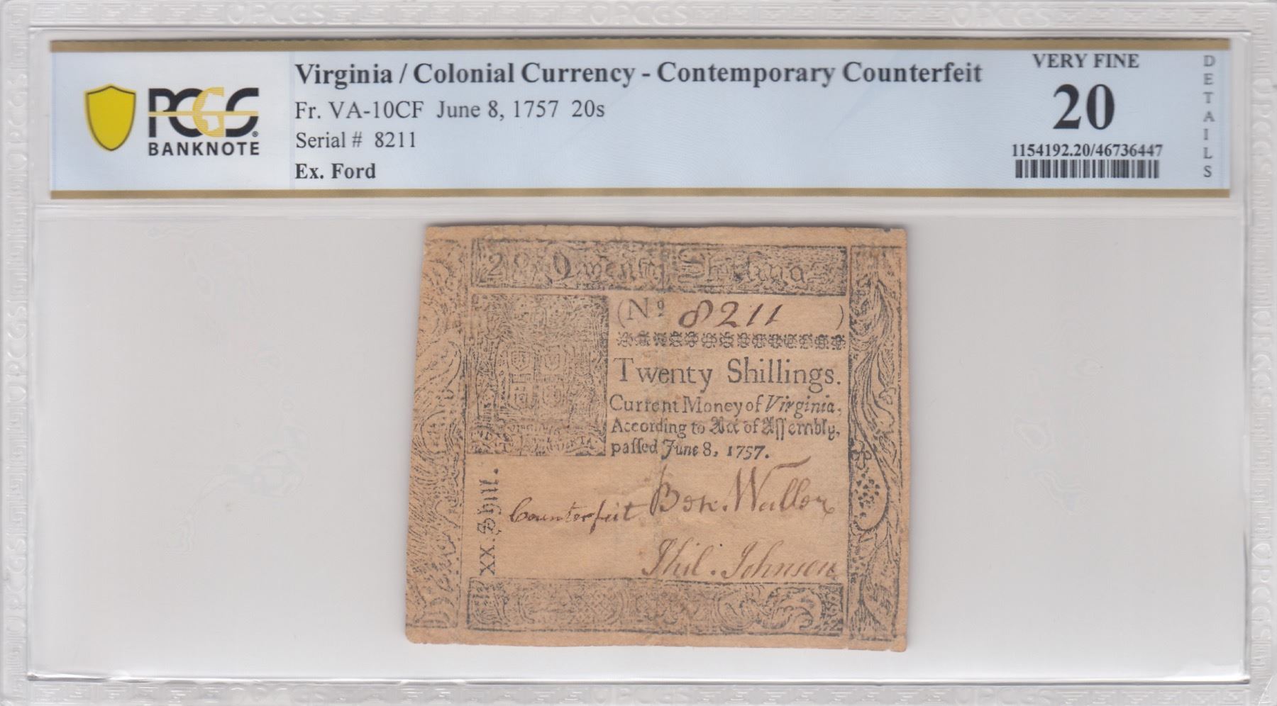 Current Money of Virginia. Act of Assembly Passed June 8, 1757. Twenty ...