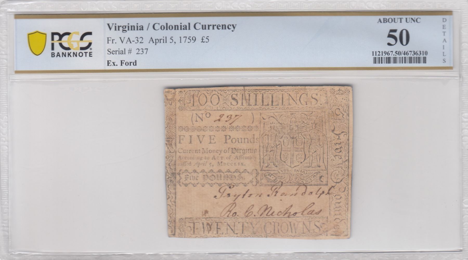 Current Money of Virginia. Act of Assembly Passed April 5, MDCCLIX ...