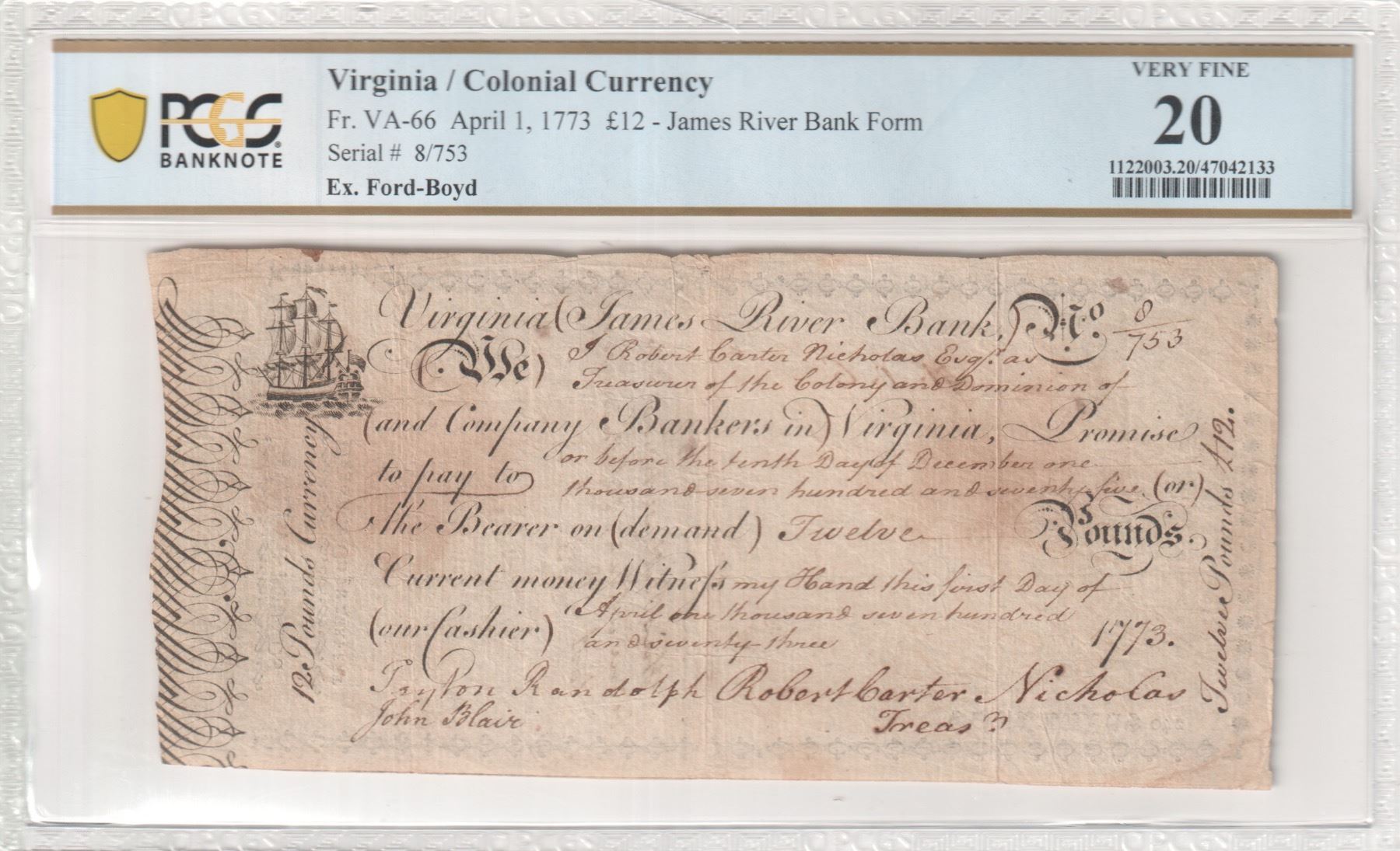 Virginia (James River Bank). April 1, 1773. Treasurer of the Colony and ...