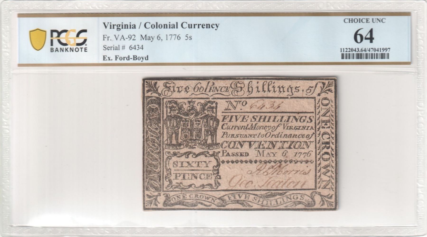 Current Money of Virginia. May 6, 1776. Ordinance of Convention. Five ...
