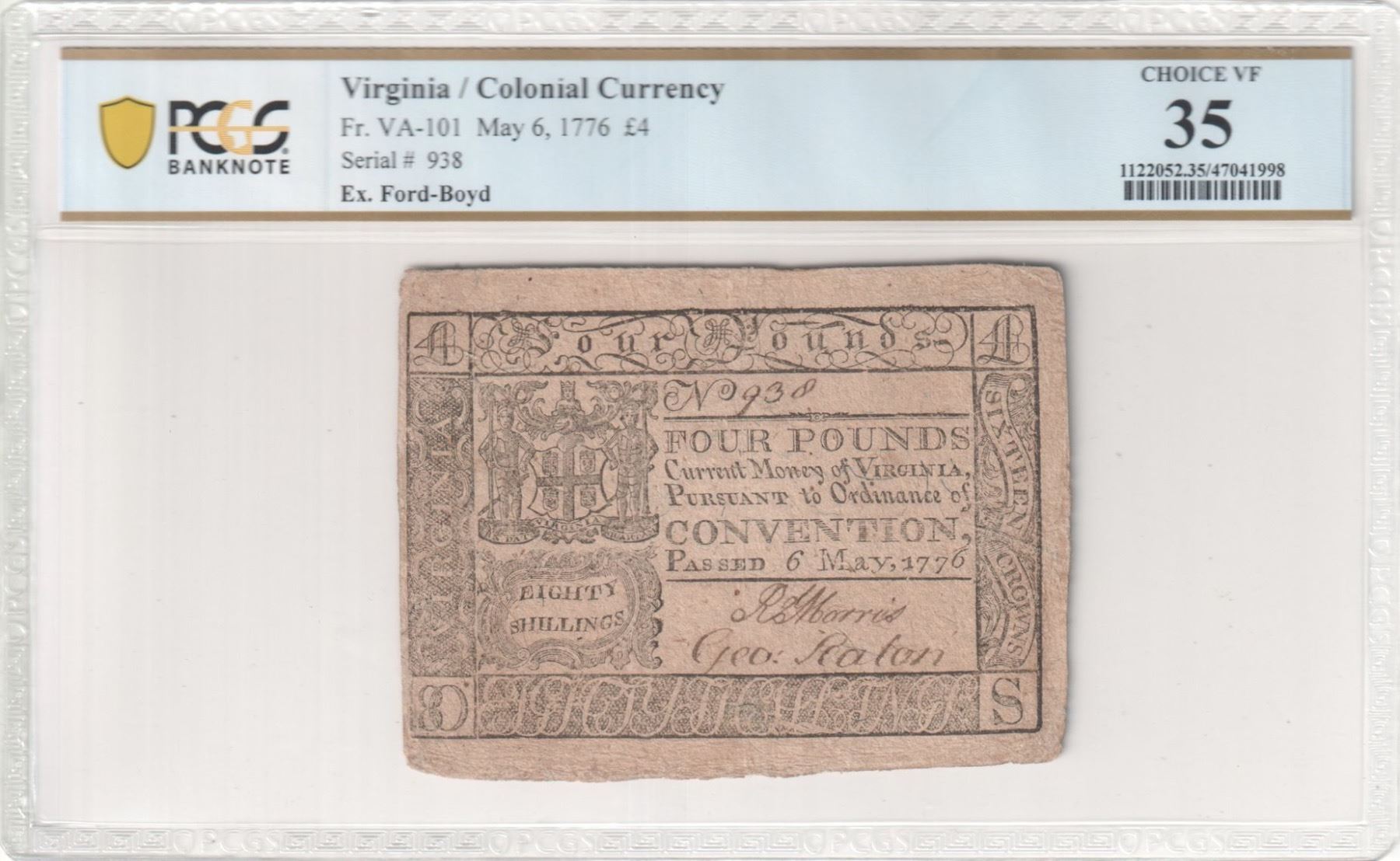 Current Money of Virginia. May 6, 1776. Ordinance of Convention. Four ...