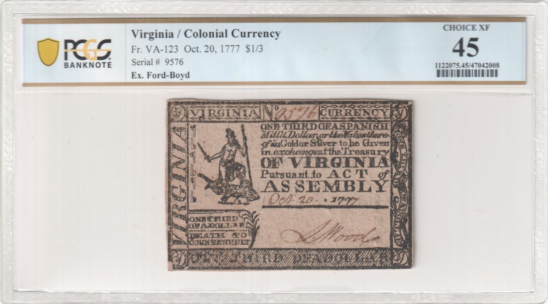 Virginia Currency. October 20, 1777. Treasury of Virginia. Act of ...