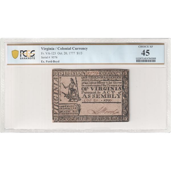 Virginia Currency. October 20, 1777. Treasury of Virginia. Act of ...