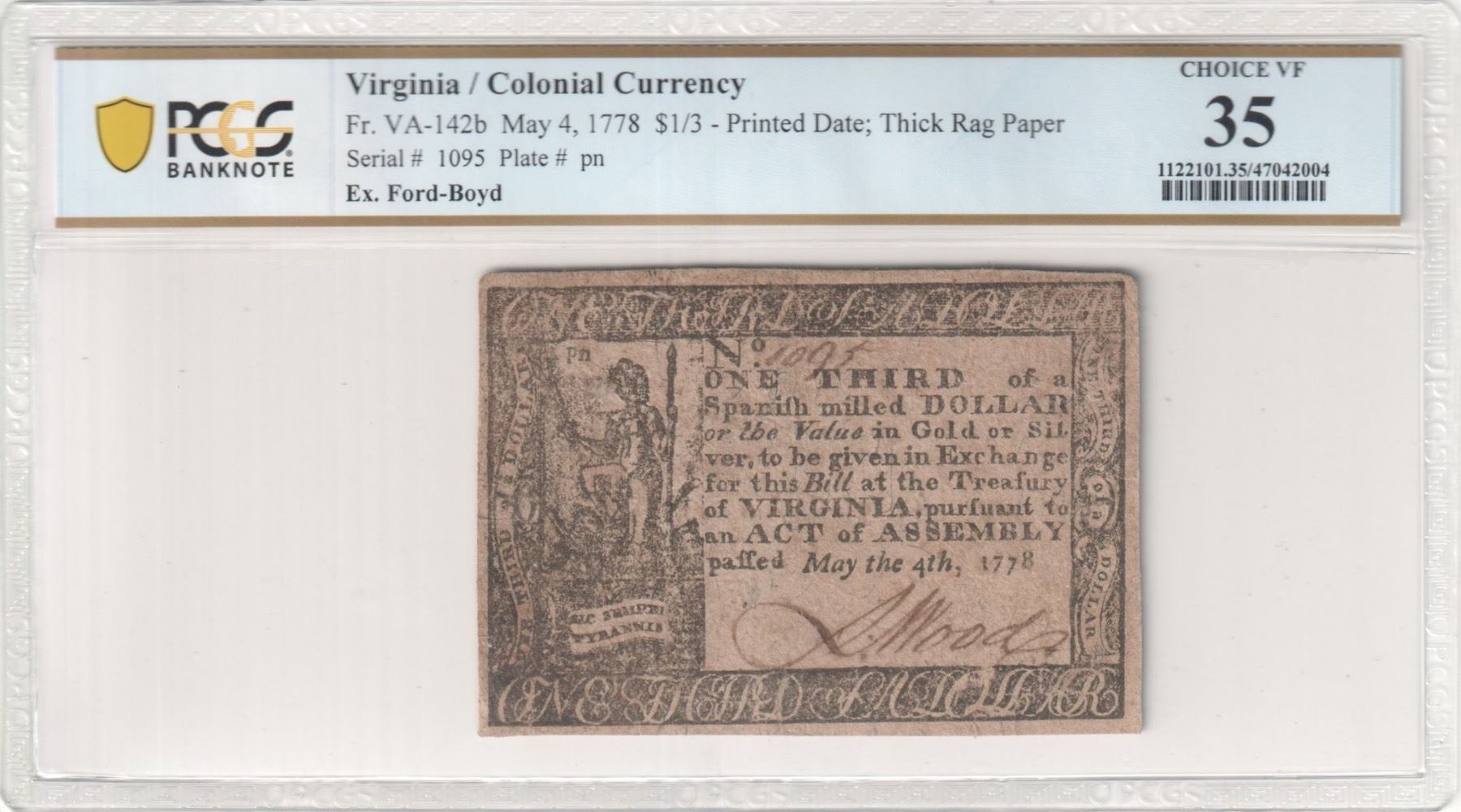 Virginia. May 4, 1778. Treasury of Virginia. Act of Assembly. One Third ...