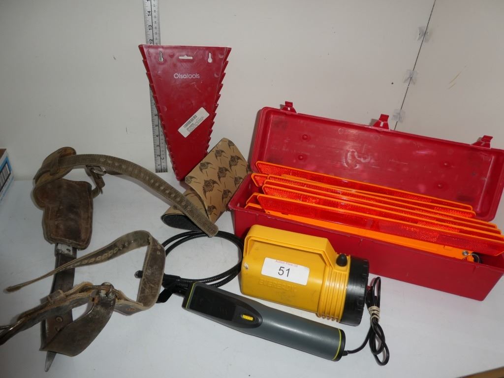 holder, flashlight, reflective safety signs,