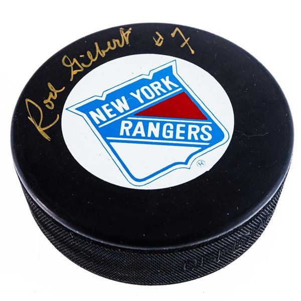 New York Rangers Vintage Logo Puck - Autographed Rod Gilbert