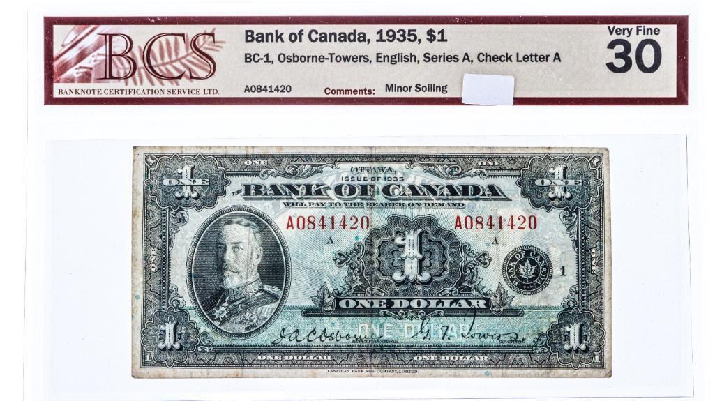 Bank of Canada 1935 $1 English Series A, Osborne - Towers VF 30 BCS