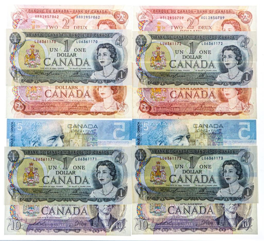 Grouping of 12 Bank of Canada Notes - UNC - GEM UNC : 4 x 1973 ($1) In ...