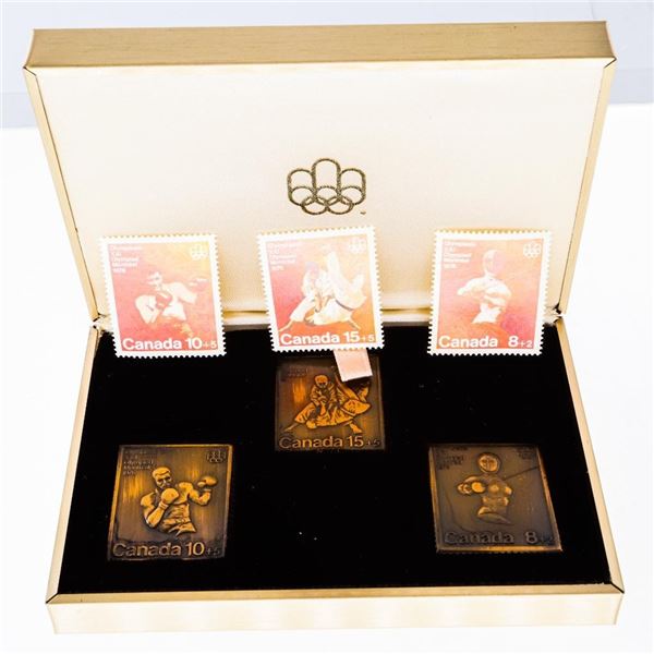 Montreal 1976 Solid Bronze Medallion Stamps w/Proof Stamps Set