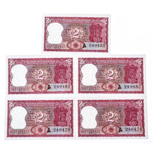 Reserve Bank of India, Lot 0f 5 Notes x 2 RUPEE In Sequence UNC