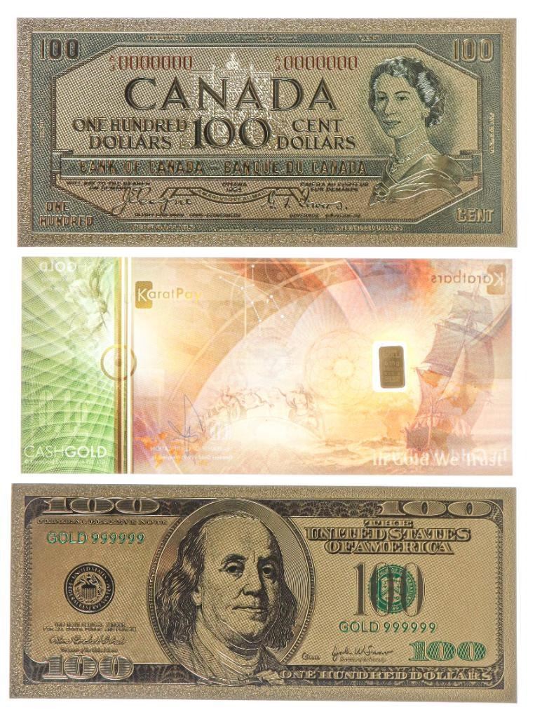 Group of 3 24kt Gold Foil Collector Notes & .999 Fine Gold Bar