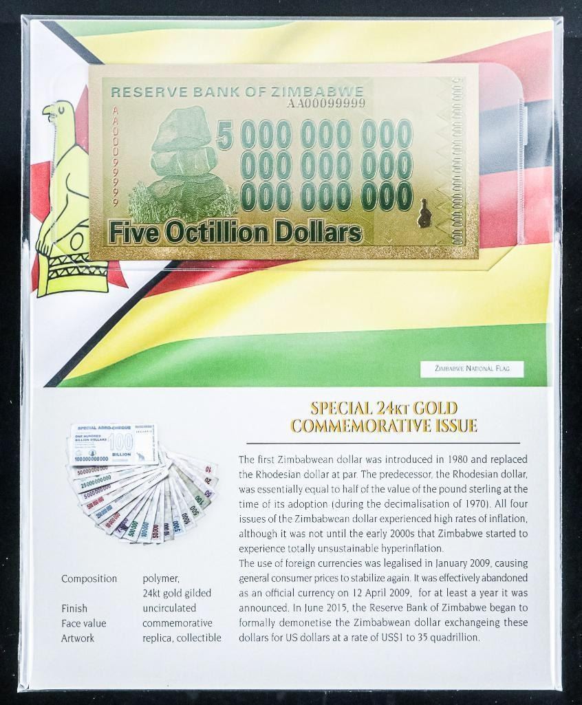Reserve Bank of Zimbabwe -24 kt Gold Gilded UNC Commemorative Five ...