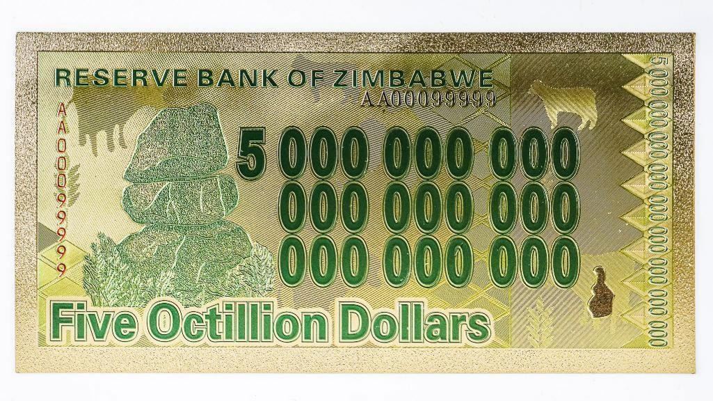 Reserve Bank of Zimbabwe -24 kt Gold Gilded UNC Commemorative Five ...