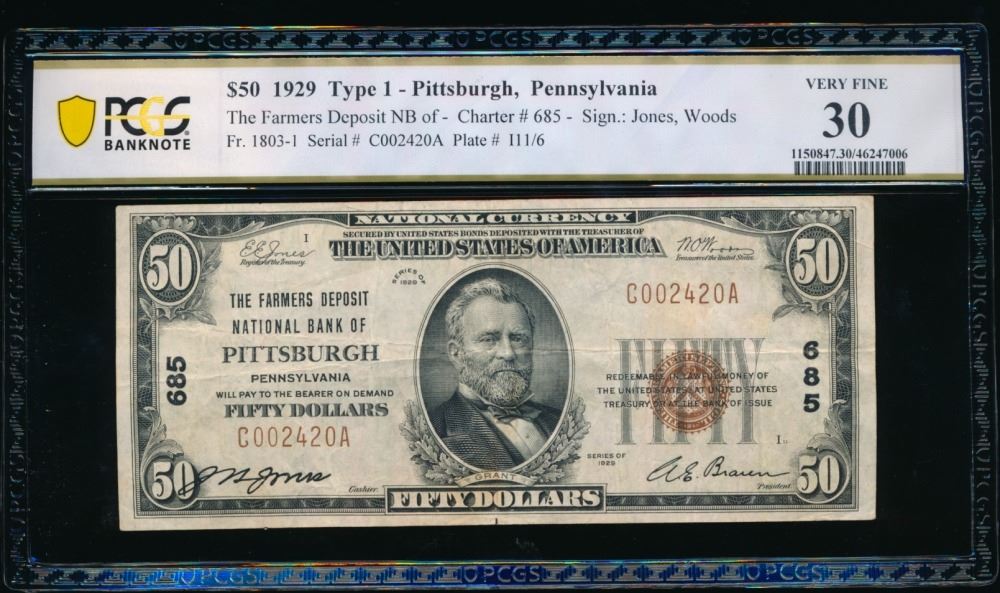 1929 $50 Pittsburgh PA National PCGS 30