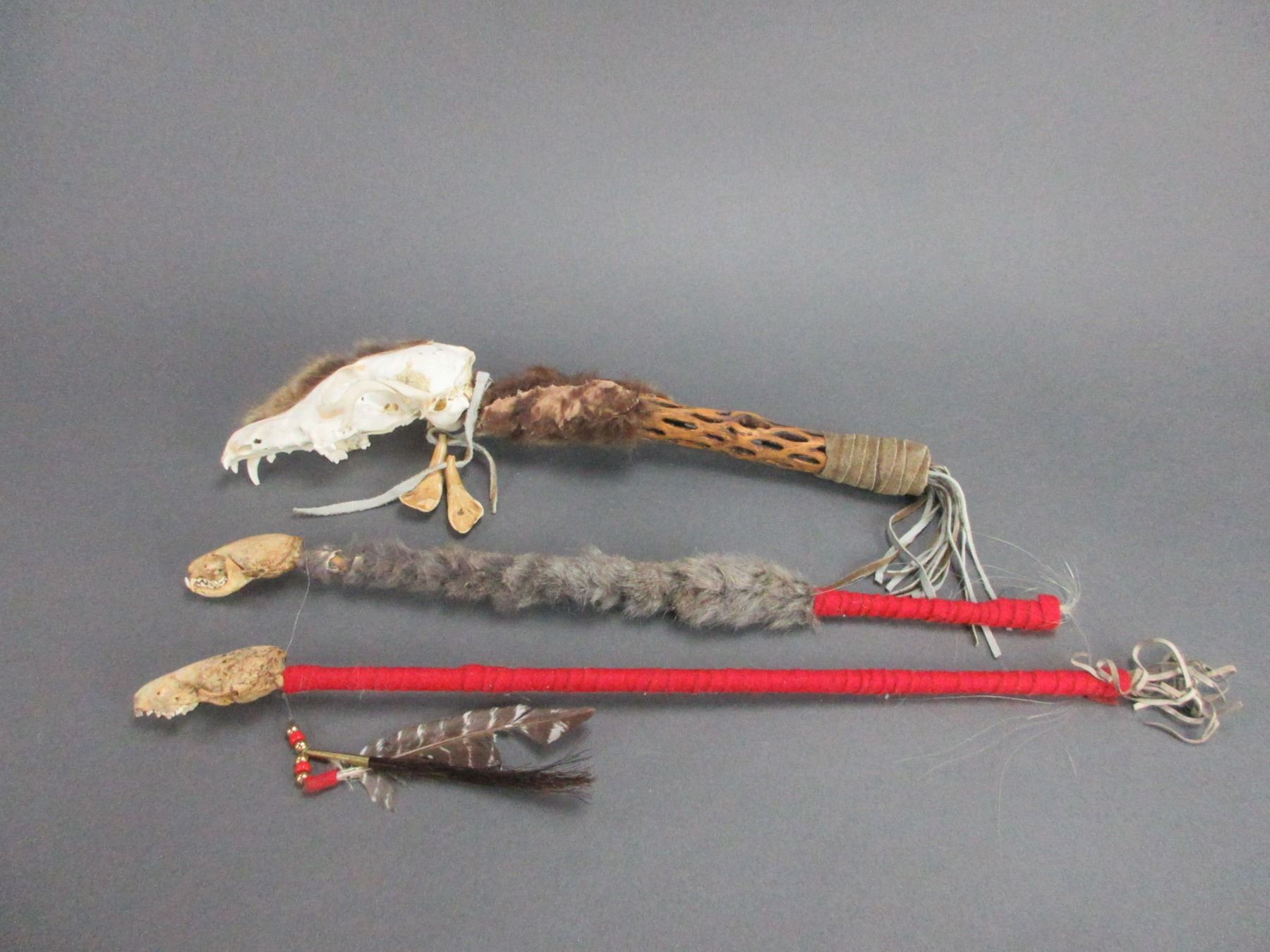 3 Skull Fur Wrapped Beaded Coup Sticks- Fringed- Buffalo Teeth Drops ...