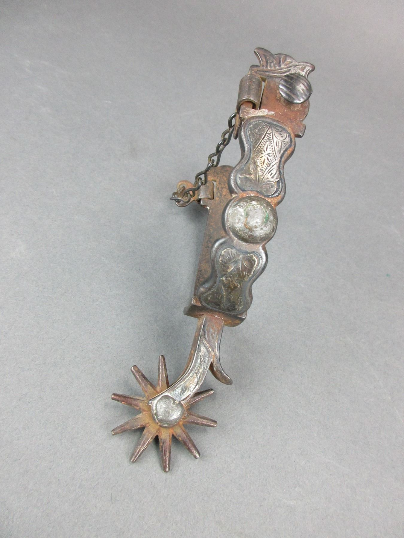 Marked Hand Forged Steel Silver Inlaid Single Spur- Chased On Inside