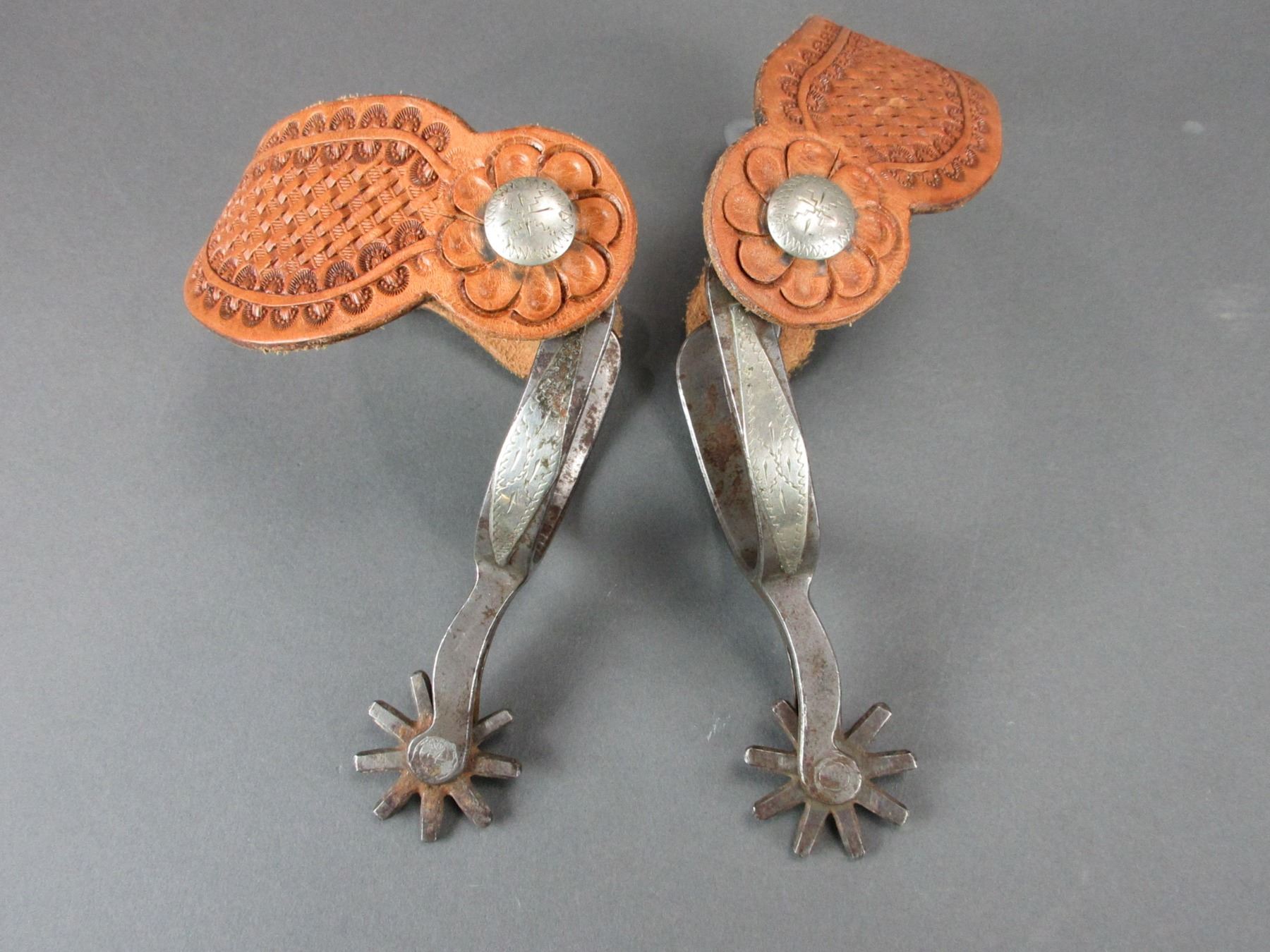 Marked Crockett Silver Overlaid Spurs- .6" Bands- 2" Shanks- 9 Point ...